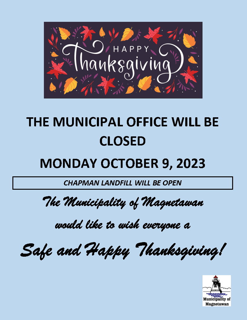 MUNICIPAL OFFICE CLOSURE THANKSGIVING MONDAY OCTOBER 9, 2023 ...