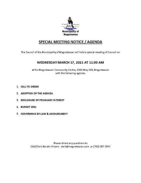 Special Meeting Notice/Agenda March 17, 2021 - Municipality of Magnetawan