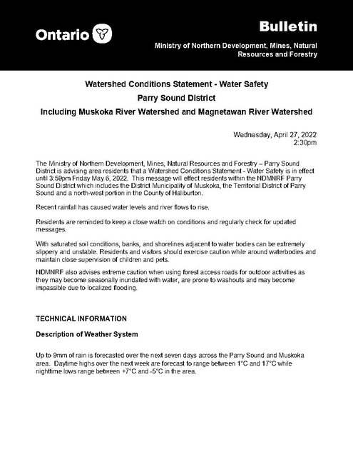 April 27, 2022 Watershed Conditions Statement - Water Safety ...